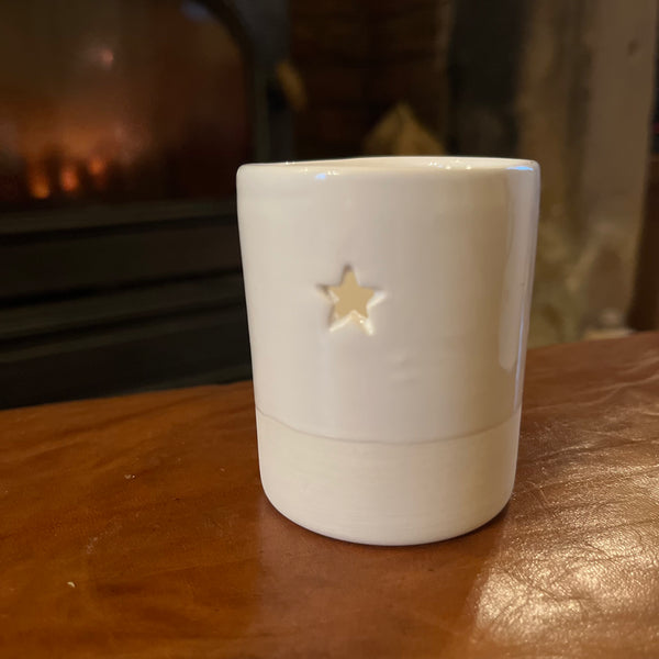 TALL TEA LIGHT HOLDER, STAR, WHITE GLOSS - Feather & Twigs